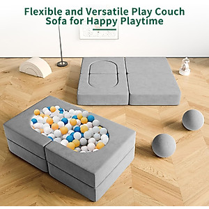 8 Pcs Kids Couch, Modular Kids Play Couch, Fold Out Toddler Couch Building Fort with Balls for Playroom, Convertible Kids Floor Sofa and Foam Couch for Boys and Girls, 30+ Creativity - Grey