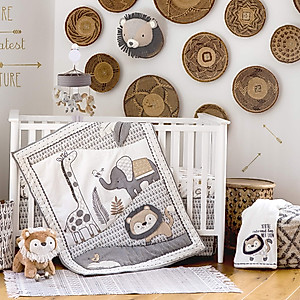 Levtex Baby - Tanzania Crib Set - Baby Nursery Set - Charcoal Cream Tan - Jungle - Giraffe Lion Elephant - 5 Piece Set Includes Quilt, Fitted Sheet, Diaper Stacker, Wall Decal & Bed Skirt/Dust Ruffle