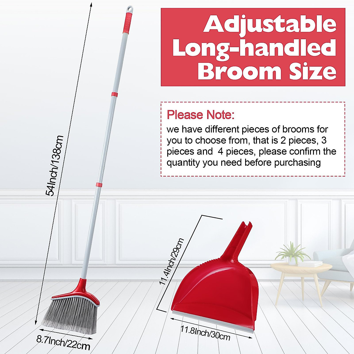 Meanplan 4 Pcs Angle Broom and Dustpan Combo Set for School Classroom 54'' Outdoor Indoor Cleaning Broom Commercial Broom with Step-on Dustpan for Home Kitchen Office Floor Dirt Dust Hair Cleaning