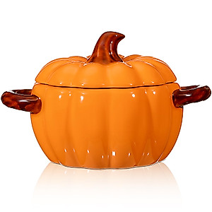 Uiifan 54 oz Ceramic Pumpkin Pot Pumpkin Soup Bowl Baking Pumpkin Bowls Pumpkin Casserole Dish with Lid Double Ear Pumpkin Cookware for Cooking Bakeware Home Halloween Thanksgiving, Oven Safe Orange