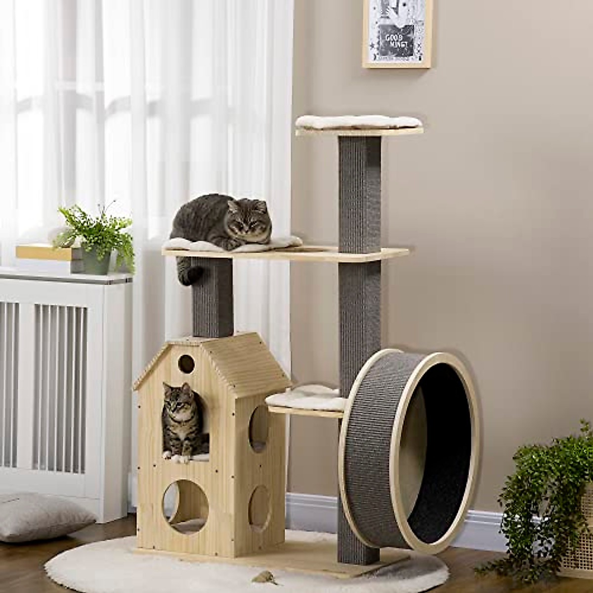 PawHut 53" Modern Cat Tree with Scratching Posts & Wheel, with Double-Layer Cushioned House, Small Cat Tower for Indoor Cat Furniture, Climbing Wooden Cat Tree