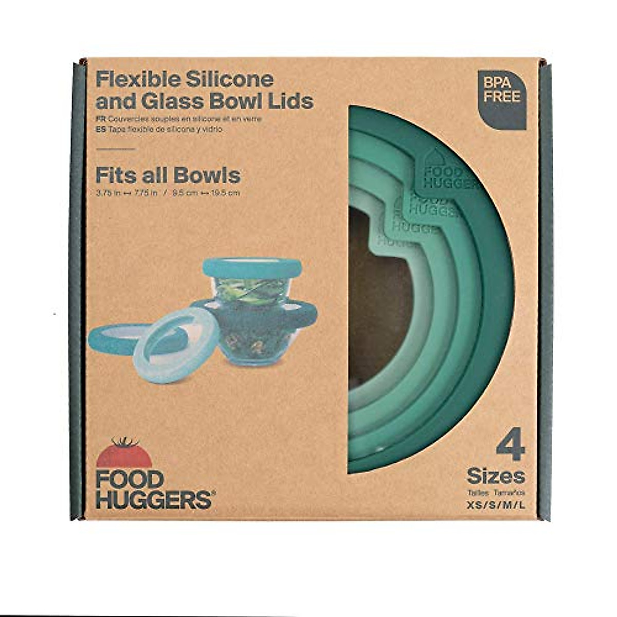 Food Huggers Replacement Lids for Glass Storage Containers Silicone & Glass Lids that Don’t Crack | Fits Round Container Brands & Bowls | 100% Plastic Free | 4 Lid Set (XS,S,M,L), Gradual Green