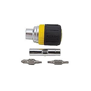 Klein Tools 32594 Multi-Bit Screwdriver / Nut Driver, 6-in-1 Stubby Tool with Phillips, Slotted and Square Bits and 2 Nut Driver Sizes