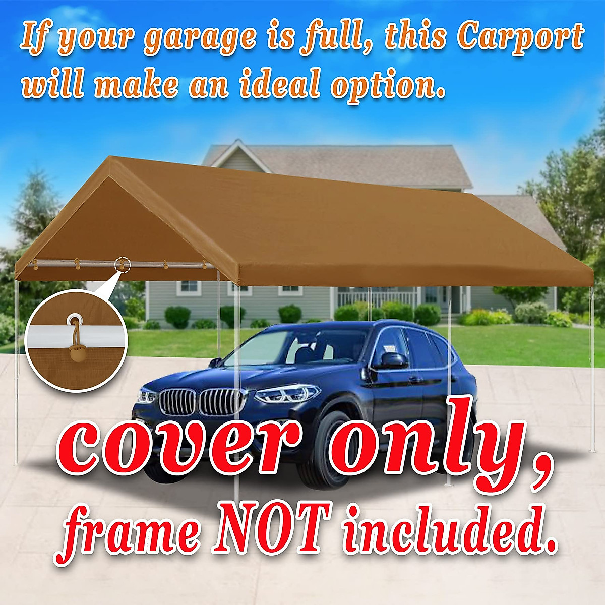 Strong Camel Outdoor Carport Conopy Cover 10x20 FT Replacement for Car Tent Top with Ball Bungees, TAN (Only Cover, Frame Not Included)
