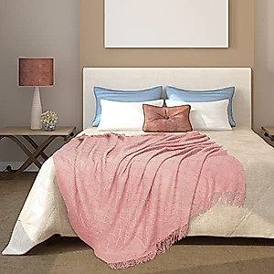 Catalonia Pink Knitted Throw Blanket for Couch, Decorative Blanket with Fringe, Acrylic Leisure Blanket for Bed, Sofa, Living Room | All Seasons, Lightweight, Cozy, Solid Color | 50×60 inches