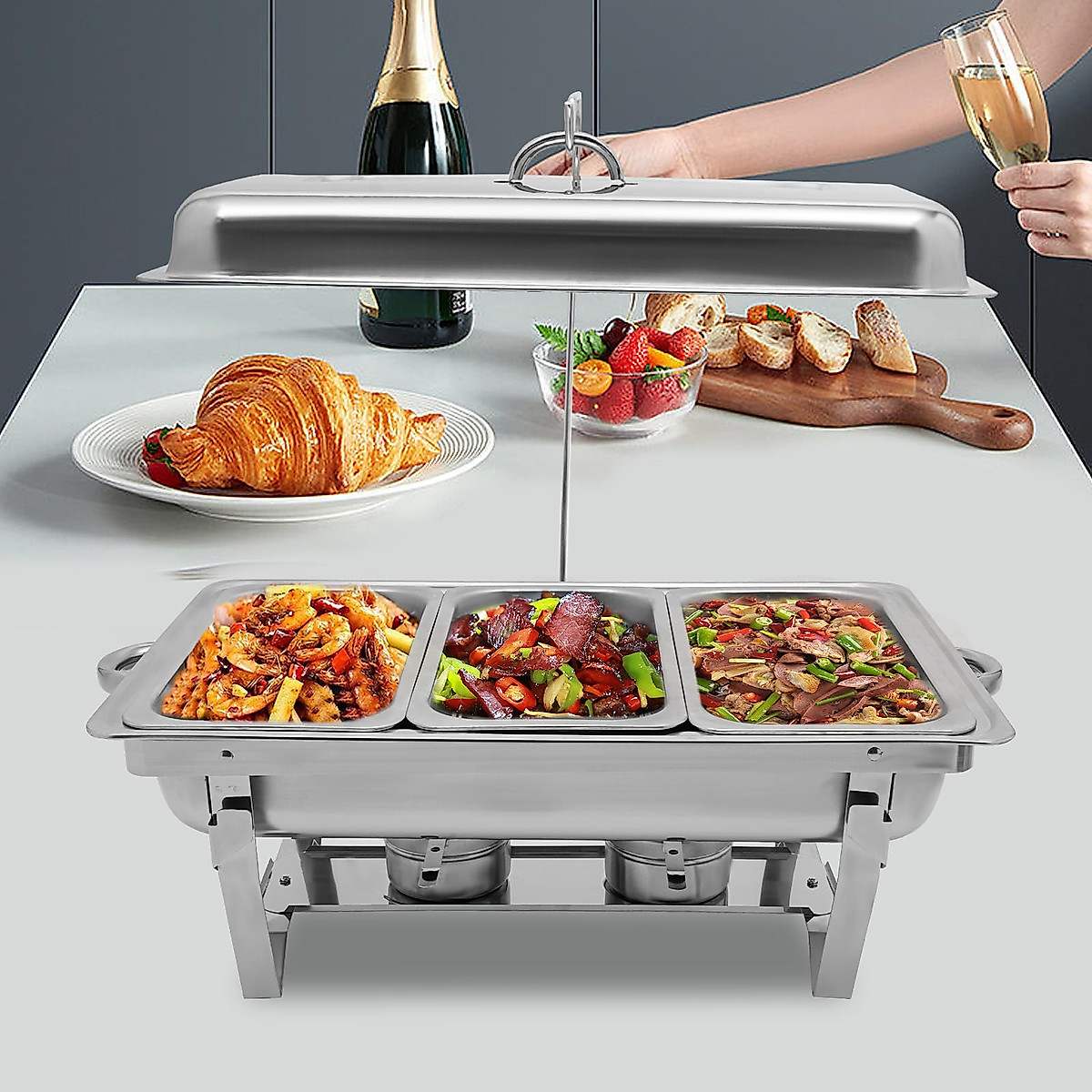 LOHISHILO Stainless Steel Chafing Dish with 3 Food Pans Catering Buffet Warmer Tray Party Foldable Frame Buffet Set, for Party, Restaurants, Hotels, Schools, Offices, Food Trucks,Cafeterias(Silver)