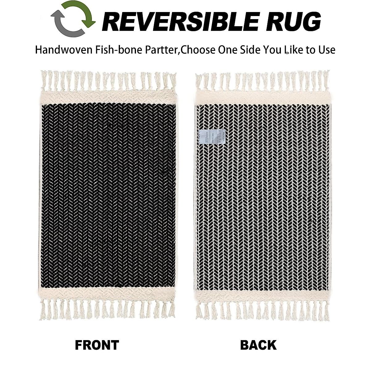 HOYIJA Black Boho Bathroom Rugs Small 2' X 3' Kitchen Rug with Tassels, Reversible Woven Cotton Soft Machine Washable Throw Rug, Farmhouse Non-Shedding Low Pile Carpet for Indoor/Entry/Sink