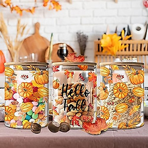Fall Decor 3 Pack Glass Storage Jars with Airtight Bamboo Lid-Hello Fall Pumpkin Canisters Sets for Kitchen Countertop Autumn-Clear Fall Glass Storage Jars for Coffee Bean, Cookie, Candy, Tea, Flour