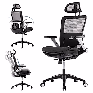 Ergonomic Mesh Office Chair with Footrest, High Back Executive Desk Chair with Adjustable Lumbar Support, Headrest and Tilt Lock, 4D Flip-up Arm-Black