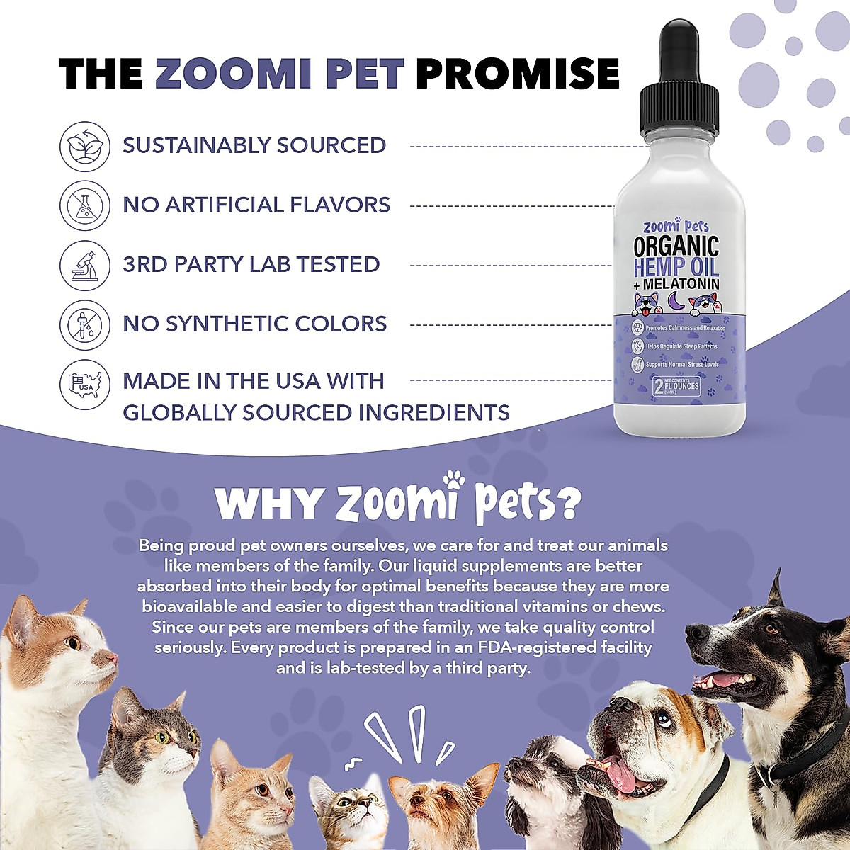 Zoomi Pets Melatonin + Organic Calming Hemp Oil for Dogs Anxiety and Stress Relief - Calming Drops Pet Hemp Oil for Dogs & Cats - Hip and Joint Support Supplement for Dogs Pain Management (2oz)