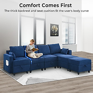 Unovivy 112.6" Modular Sectional Sofa, Convertible U Shaped Module Storage Reversible Ottomans, 6 Seater Corduroy Velvet Couch for Living Room, Blue