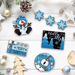 Guoofu Winter Tiered Tray Decor, Christmas Farmhouse Snowman Tray Decorations, Holly Jolly Snowflake Wonderland Wooden Signs, Xmas Holiday Rustic Home Decor for Tabletop Shelf Mantel Party