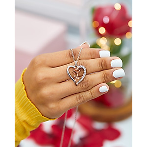 Disney Princess Beauty and the Beast Two Tone Necklace, Belle Rose Crystal Heart Pendant, 18"