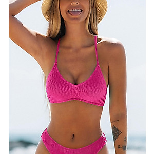 CUPSHE Women Swimsuit Bikini Top Textured Self Tie Crisscross Back Bathing Suit, S Neon Pink