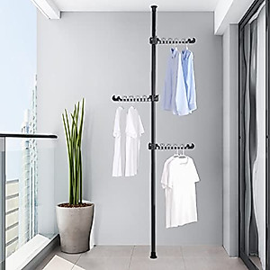 Hershii Telescopic Clothing Rack for Hanging Clothes Laundry Tension Pole 4 Tiers Coat Tree Garment Drying Stand Floor to Ceiling Corner Storage Organizer Holder for Indoor, Balcony - Black