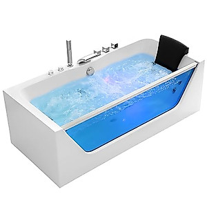 Empava 67 in. Acrylic Alcove Whirlpool Bathtub - Hydromassage Rectangular Jetted Soaking Tub with Center Drain - Waterfall Faucet