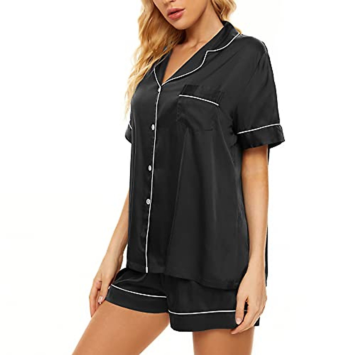 Zando Womens Two Piece Pajama Set Sexy Pajamas for Women Silk Ladies Pajamas Satin Pajamas Womens Button Down Pajama Shorts Set Women's Sleepwear Bride Pajamas Comfort PJS Black Small