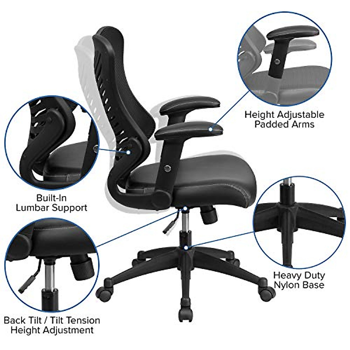 Flash Furniture Kale High Back Designer Black Mesh Executive Swivel Ergonomic Office Chair with LeatherSoft Seat and Adjustable Arms