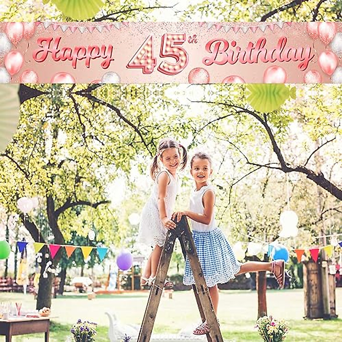 Happy 45th Birthday Rose Gold Banner Backdrop Cheers to 45 Years Old Confetti Balloons Theme Decor for Women 45 Years Old Pink Birthday Party Supplies Bday Decorations Gift Background Favors Glitter