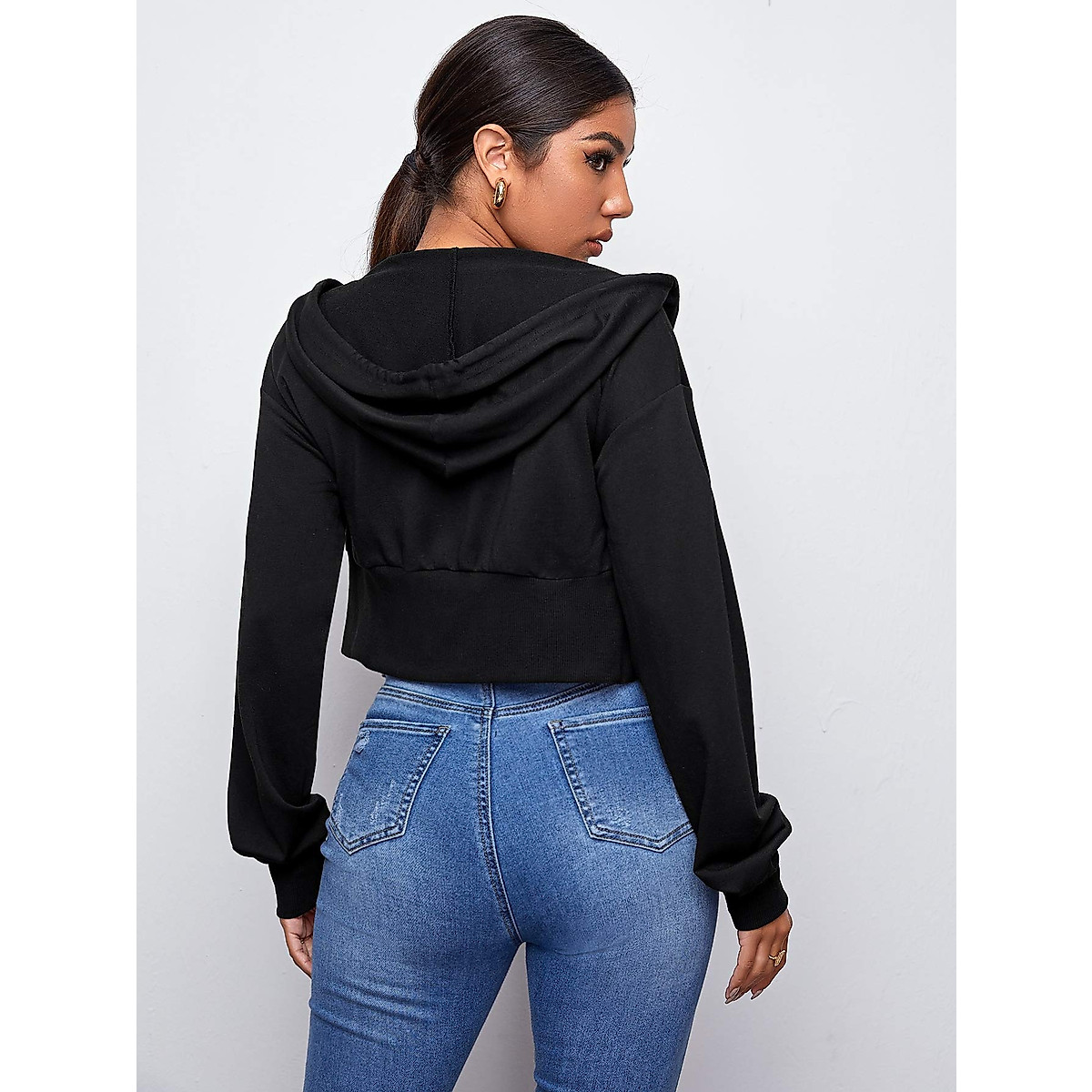 WDIRARA Women's Drop Shoulder Zip Up Drawstring Hoodie Black XL