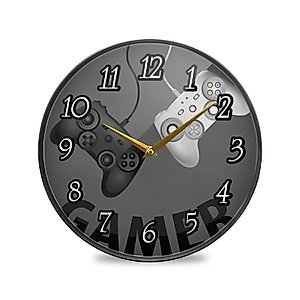 Two Realistic Game Joystick White and Black with a Text Gamer Wall Clock, Silent Non-Ticking Easy to Read Round Decorative Acrylic Wall Clock Art, for Living Room Home Office School 12 Inch