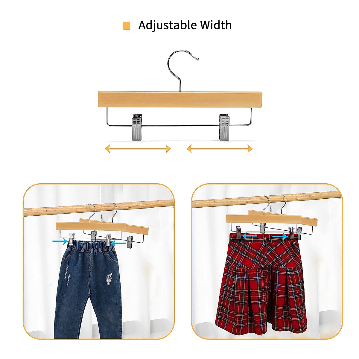 Nature Smile 11.8'' Kids Baby Toddler Children Solid Wooden Pants Hangers,Wood Skirts Hangers,Trousers Bottom Hangers with 2-Adjustable Clips Anti-Rust Hook Pack of 10 (Natural)