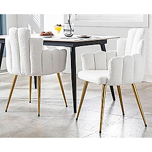 VESCASA Sherpa Accent Chairs with Petal Back, Mid-Century Modern Upholstered Dining Chairs with Arms, Makeup Vanity Chairs with Gold Metal Legs for Living Room/Bedroom, Set of 2, White