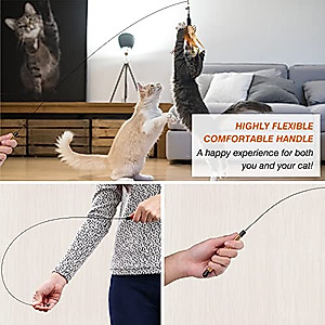Pawaboo Feather Teaser Cat Toy, Interactive Feather Wand Cat Toy Flying Feather Cat Catcher with Extra Long 34.5" Wand and Small Bell, Fun Exerciser Playing Toy for Kitten or cat, Brown Feather