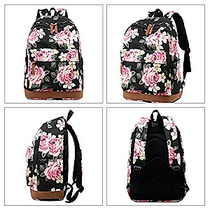 abshoo Floral Backpacks For Girls Canvas School Bookbags Teen Girls Backpacks With Lunch Bag (Floral Black)