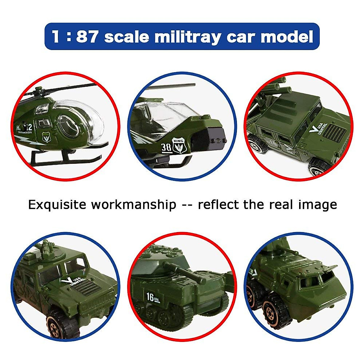 JQGT Diecast Military Vehicles Army Toy 6 in 1 Assorted Metal Model Cars Fighter Tank Attack Helicopter Panzer Playset for Kids Toddlers