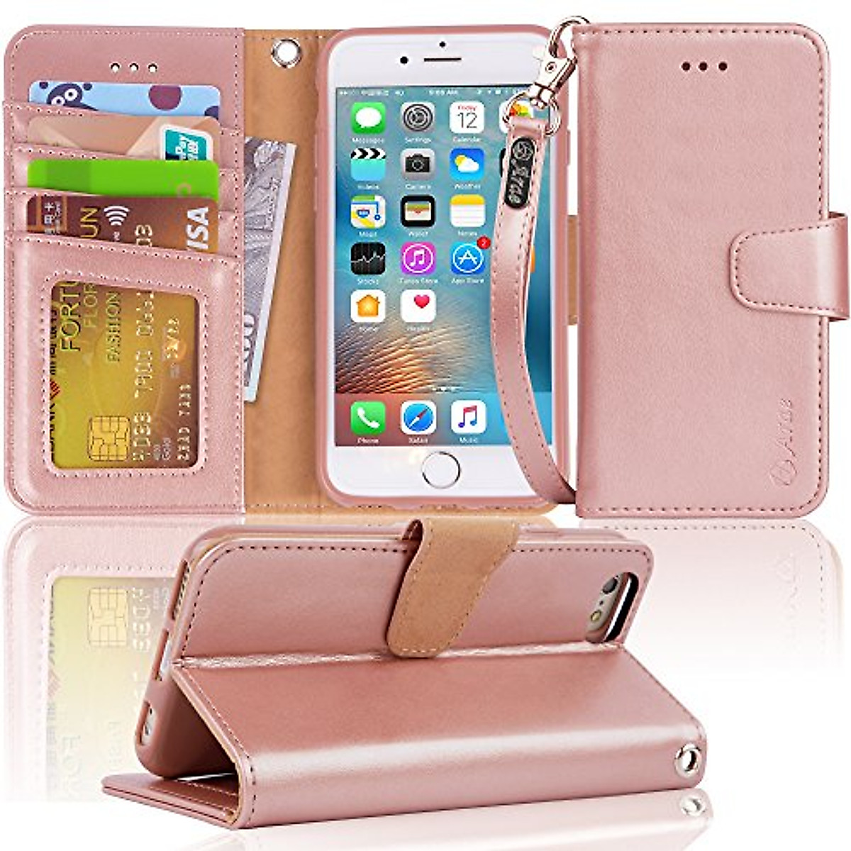 Arae Case for iPhone 6s / iPhone 6, Premium PU Leather Wallet case [Wrist Strap] Flip Folio [Kickstand Feature] with ID&Credit Card Pockets for iPhone 6s / 6 4.7 inch (Rosegold)