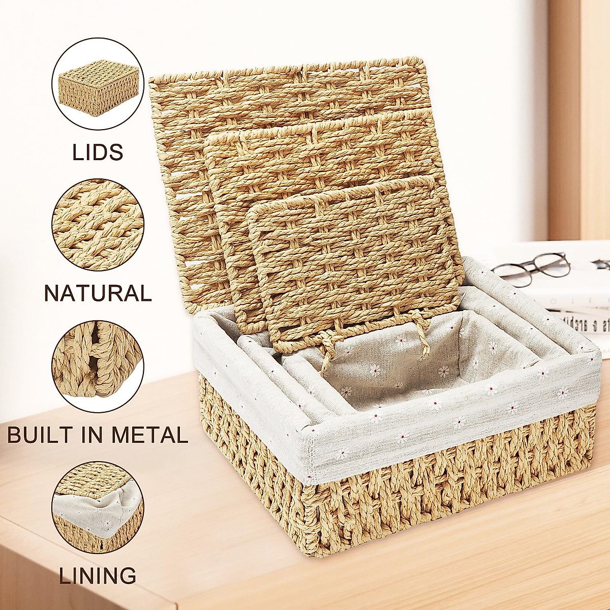 VTOBON Small Wicker Basket with Lid, 3-Pack Toilet Paper Storage Baskets with Removable Liner Tampon Holder for Bathroom Makeup Drawer Desk Closet Organizer Storage, Natural