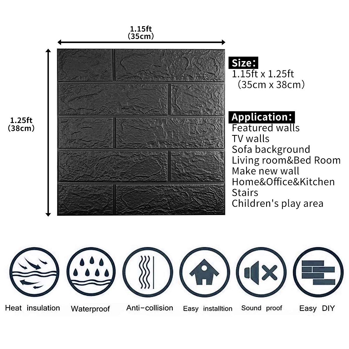 Sodeno 10 PCS Black 3D Wall Panels, 14.5 sq.feet Coverage, Printable Wallpaper Sticker with Self-Adhesive Waterproof Brick PE Foam Wall Panels Peel and Stick for Interior Wall Decor, Home Decoration