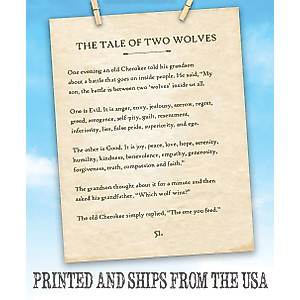 The Tale of Two Wolves Cherokee Poster - Canvas or Poster Native American Book Page Print - Great Motivational and Inspirational Gift for Home and Office Native American Decor for Home