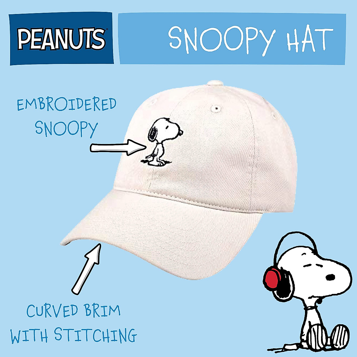 Peanuts Snoopy Dad Hat, Adjustable Baseball Cap, Tan, One Size
