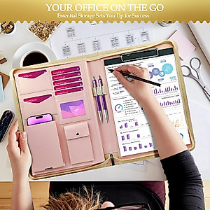 Darolin [Zippered] Portfolio Padfolio Organizer Binder with Clipboard, Leather Business Interview Resume Document Holder Folder Planner Organizer for Office Conference Notepad Bag for Women - RoseGold