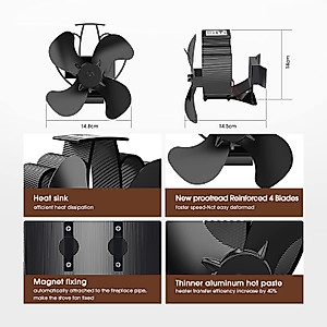 OCROUKI Heat Powered Wood Stove Fan，Magnetically Mounted Flue Pipe Fireplace Fan，4 Blades Silent Eco-Friendly Stove Fan for Home Wood Burning Stove，Helping to Circulate Heat