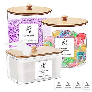 Laundry Storage Containers, 3 Pack Dryer Sheet Holder, Large Capacity Plastic Laundry Pods Container and Storage Jars with Lids, Labels and Spoons, Laundry Detergent Dispenser for Powder Beads