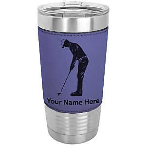 LaserGram 20oz Vacuum Insulated Tumbler Mug, Golfer Putting, Personalized Engraving Included (Faux Leather, Dark Purple)