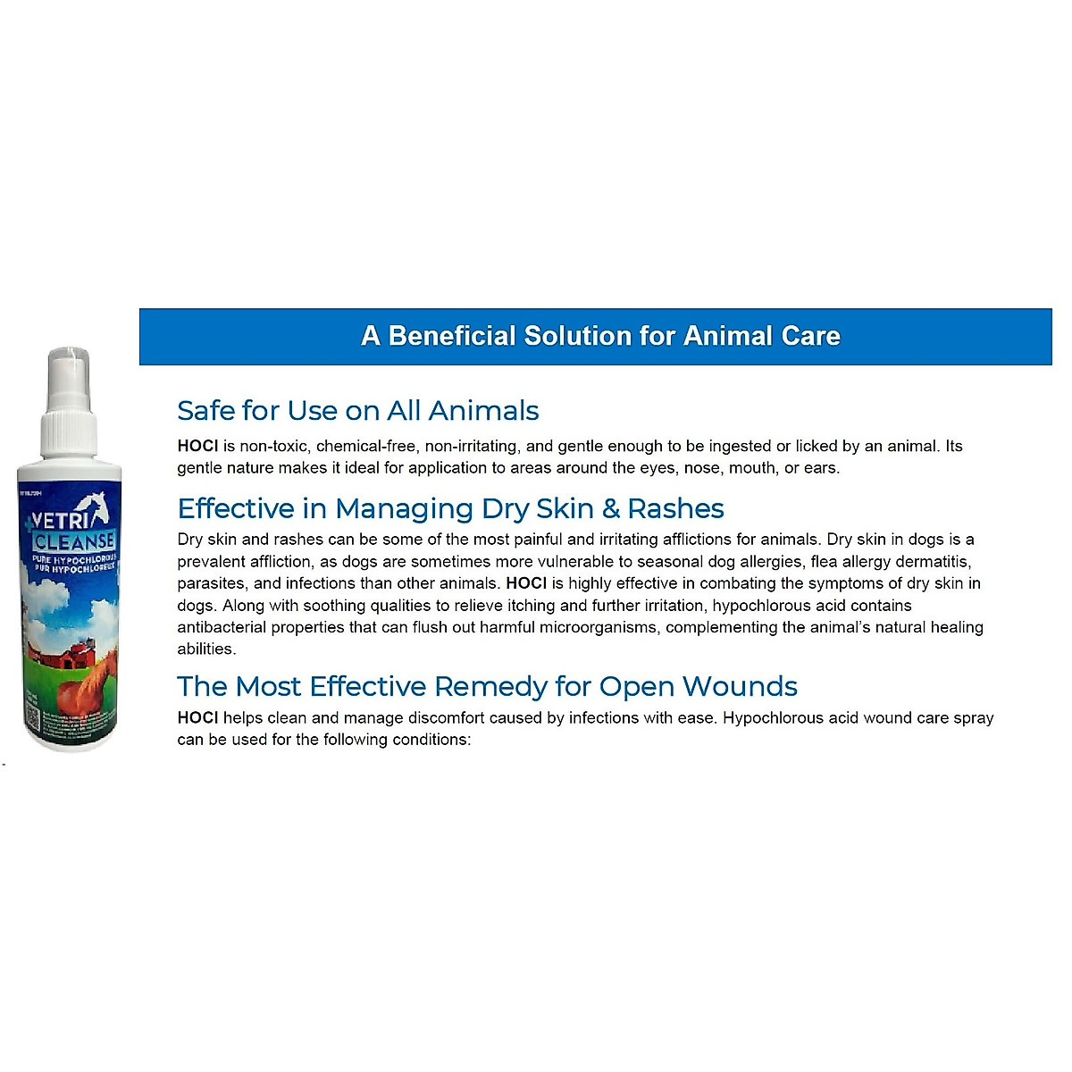 VetriCleanse Pet Itch Relief & Wound Care Spray with Hypochlorous Acid - Skin + Coat Care - Dog & Cat Deodorizer, Eye Cleaner & Ear Cleaner for All Animals - 225ml