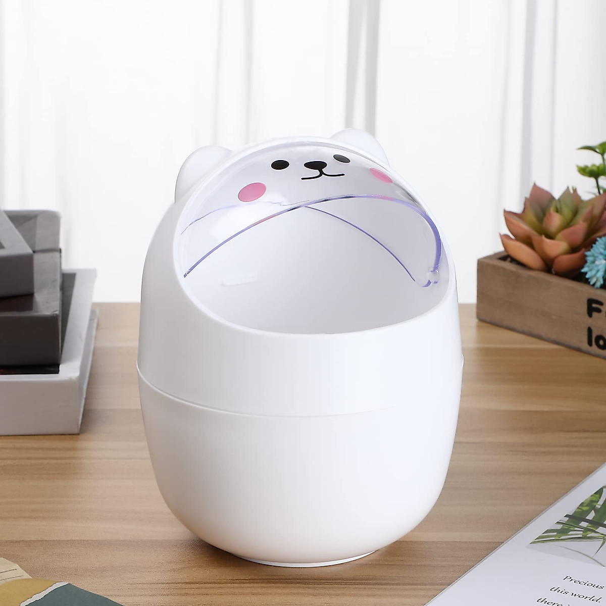 Veemoon Desktop Mini Trash Bin with Shake Lid Cute Trash Can Countertop Garbage Storage Bucket Wastebaskets Small Waste Bin for Desk Car Office Kitchen- White