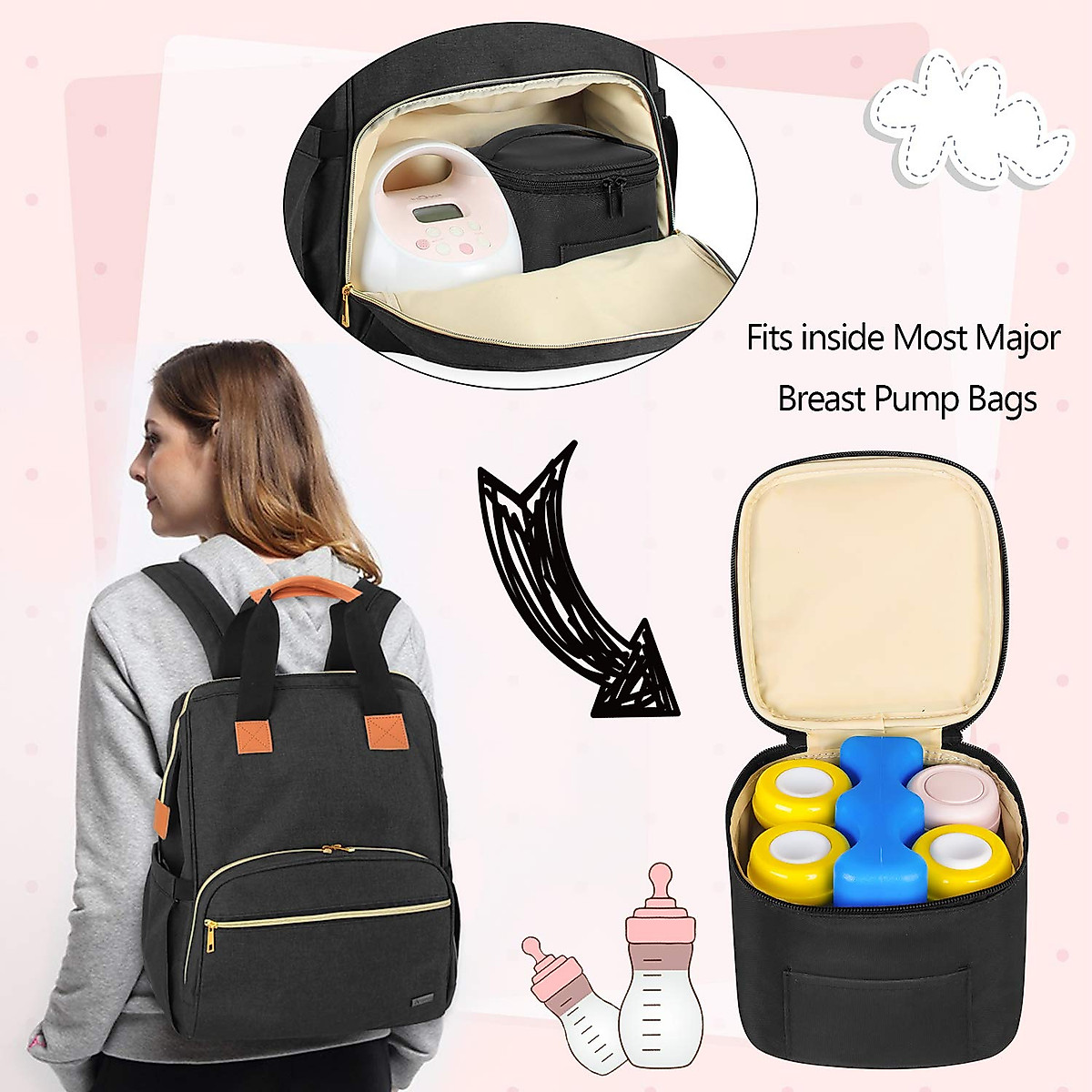 Teamoy Breastmilk Cooler Bag with Ice Pack, Baby Bottles Bag for up to 4 Large 5 Ounce Bottles Without Nipple, Perfect for Working Mom Mother, Black