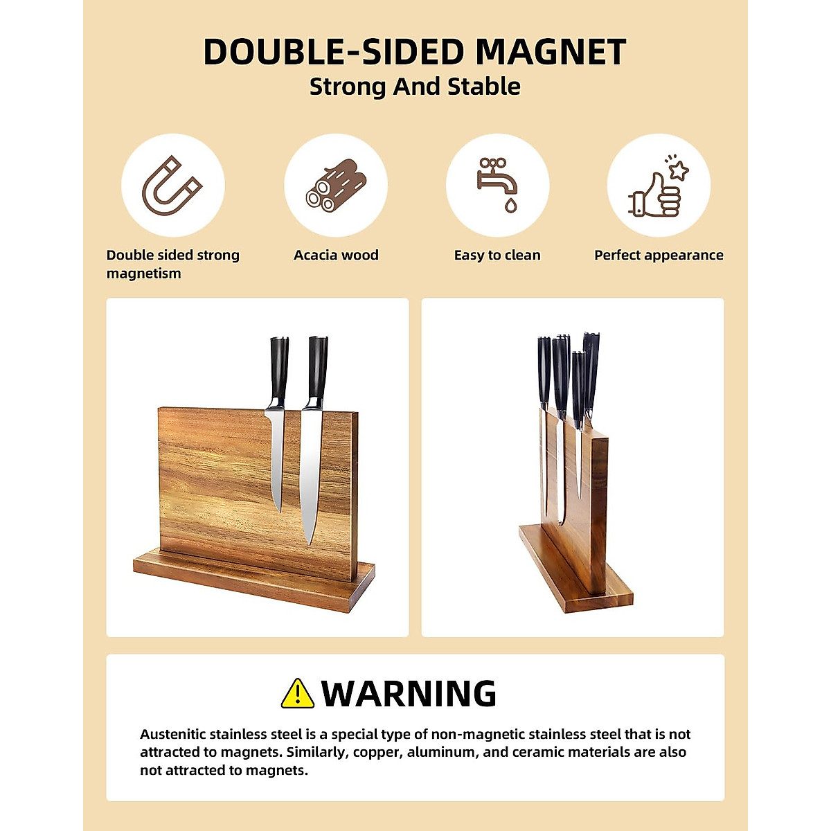 Magnetic Knife Holder Block Rack Double Sided Acacia Wooden Magnetic Knife Display Stand with Strong Enhanced Magnets for Kitchen Knife Counter Multifunctional Storage