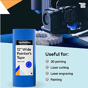 Wide Blue Painters Tape, 12 inch x 60 yds, Made in America, Great Masking Tape for 3D Printing and Laser Cutting, Removes Cleanly for 21 Days