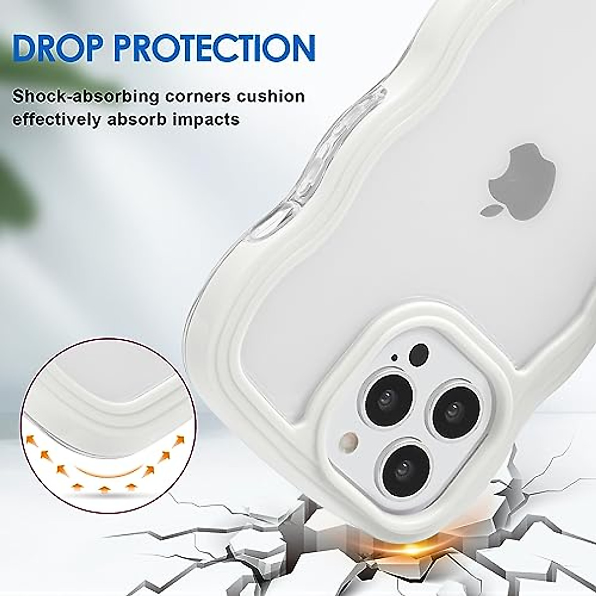 Anuck for iPhone 14 Pro Case Wavy Edge Clear Back Design, Anti-Slip Grip Cute Wave Curly Frame Shape Shockproof Soft TPU & Hard Bumper Protective Phone Case Cover for Women Girls, White