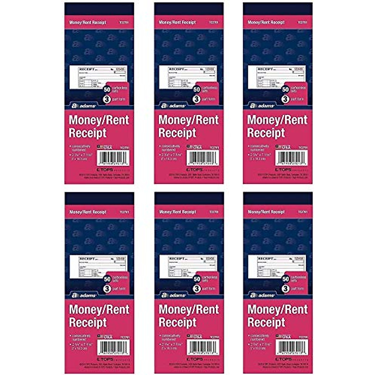 Adams Money/Rent Receipt Book, Carbonless, 3-Part, 2-3/4 x 7-3/16 Inches, 50 Sets per Book, Pack Of 6