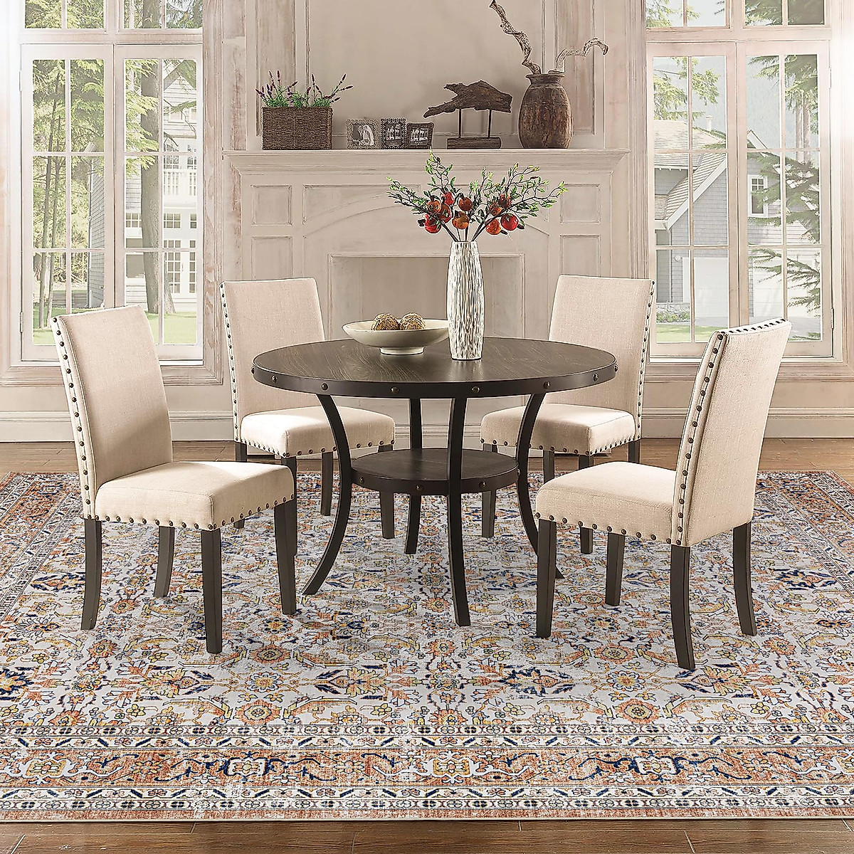 Area Rugs for Living Room Bedroom: 9x12 Rug Machine Washable with Non-Slip Backing Non-Shedding Stain Resistant, Boho Floral Large Carpet for Dining Room Nursery Home Office Indoor (Blue/Brown)