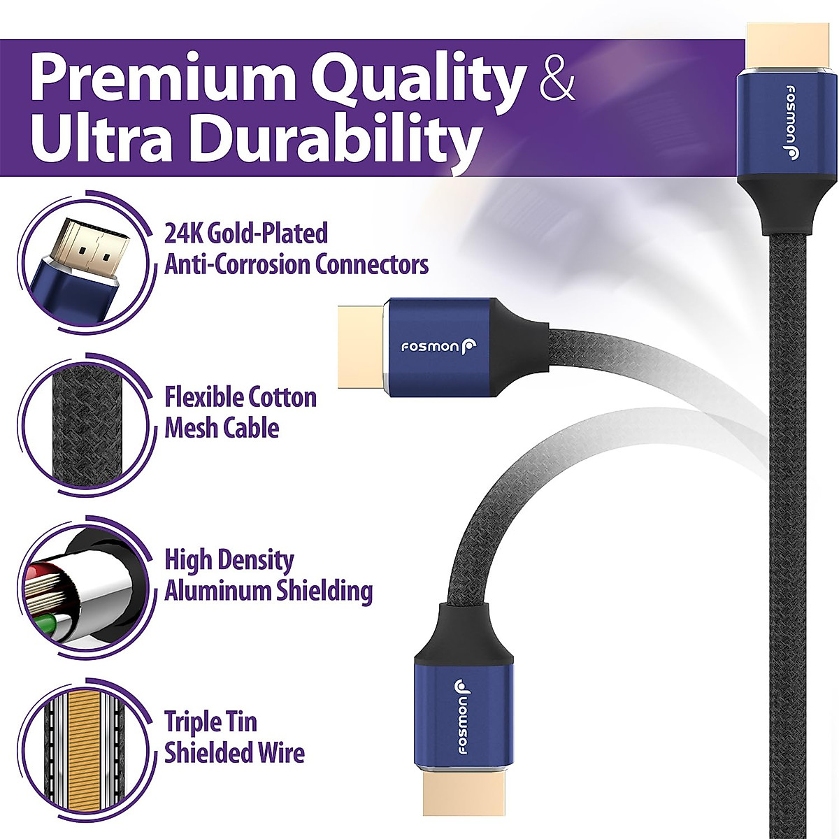 Fosmon HDMI 2.0 Cable 4K@60Hz 10ft, Premium Certified in-Wall CL3 Rated, 18Gbps Super High Speed, HDR, HDCP 2.2/1.4, 3D, ARC, 30AWG Cotton Braided Compatible with UHD TV, Monitor, Console