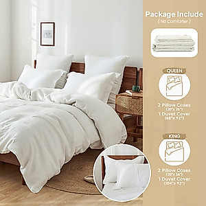 Simple&Opulence 100% Linen Duvet Cover Set 3pcs Basic Style Natural French Washed Flax Solid Color Soft Breathable Farmhouse Bedding with Button Closure - White, Queen