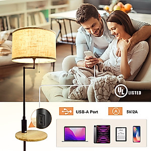 DLLT Living Room LED Floor Lamp- Standing Accent Light with USB Charging Port, Energy Saving, Tall Pole Lighting with Beside Table, Mid Century Contemporary Rooms Lamps, E26 Warm Lights,Fabric Shade